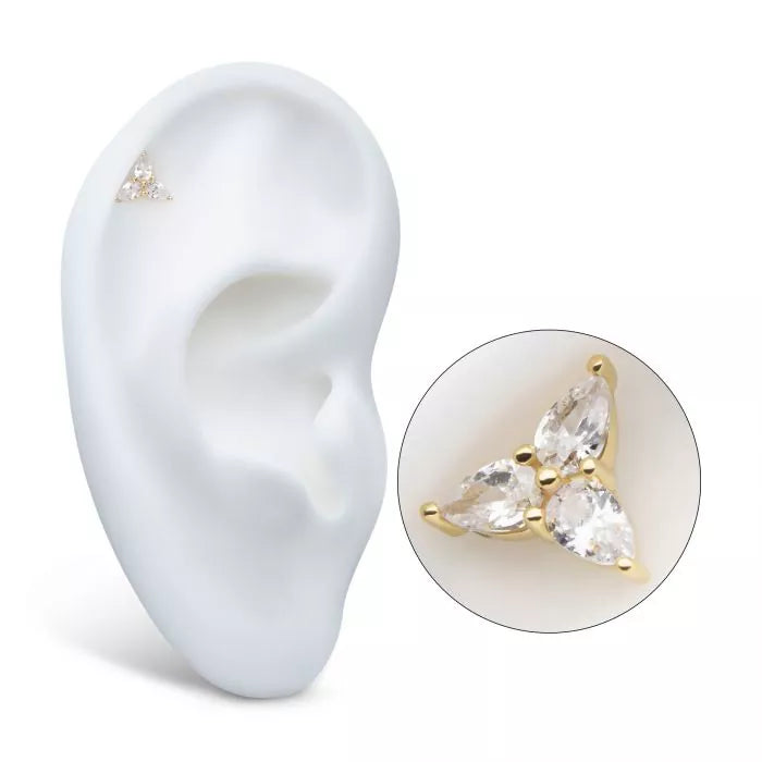 14K Gold Threadless Teardrop CZ Trinity Top – ARAKNA Body Jewelry